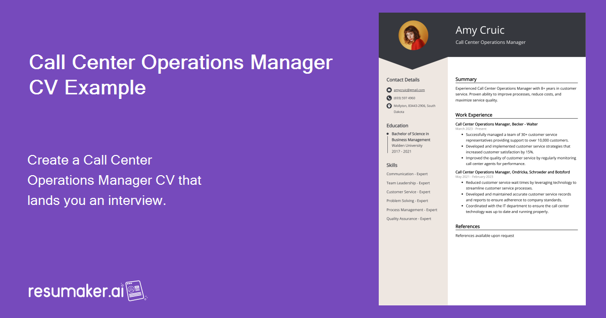 Call Center Operations Manager CV Example for 2024