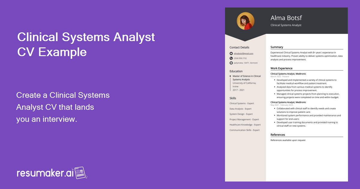 Clinical Systems Analyst CV Example for 2024