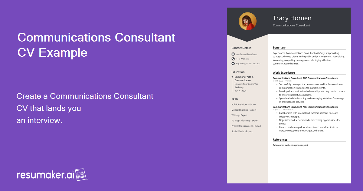 Communications Consultant CV Example for 2024