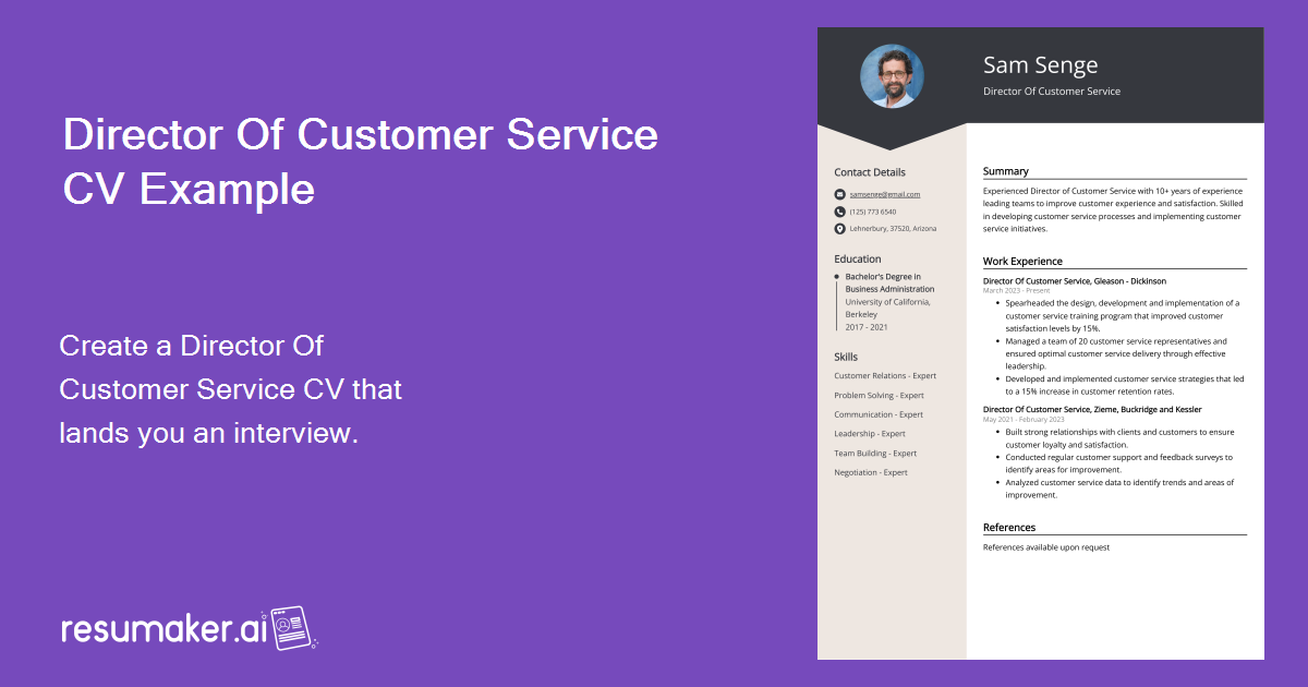 Director Of Customer Service CV Example for 2025
