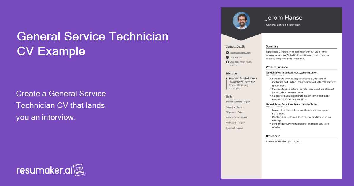 General Service Technician CV: Sample & Guide (Entry Level & Senior Jobs)
