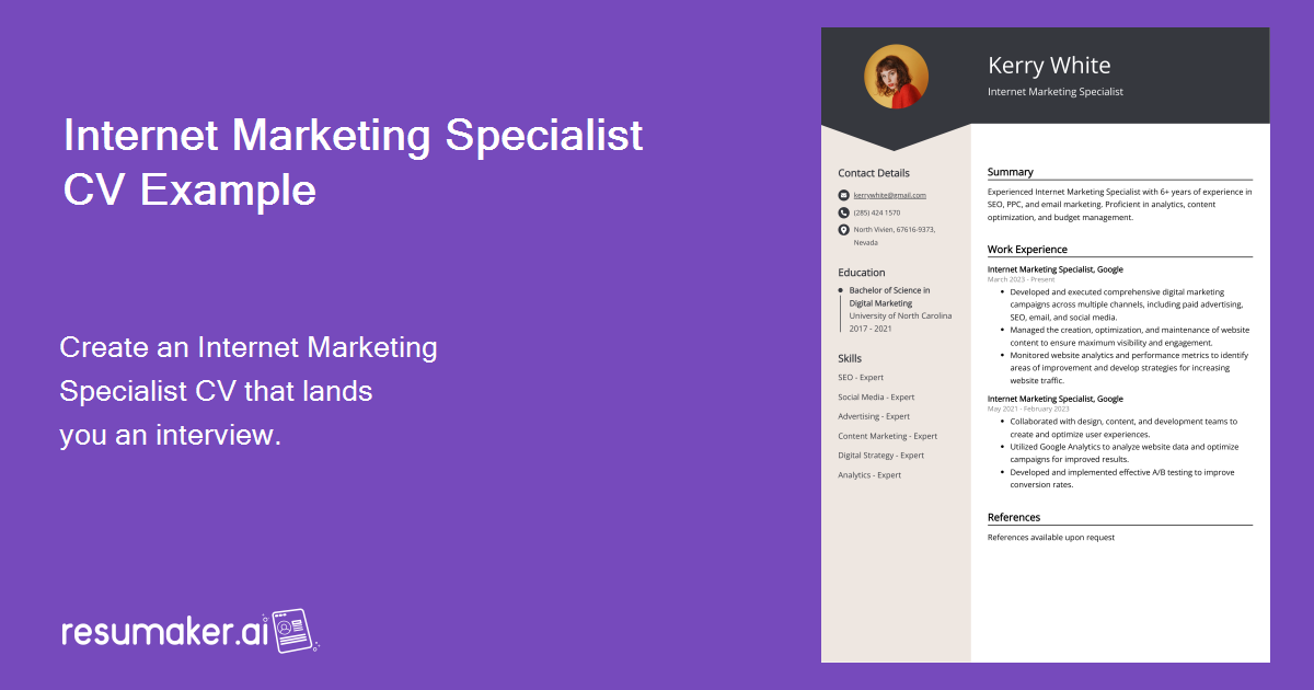 Internet Marketing Specialist CV: Sample & Guide (Entry Level & Senior ...