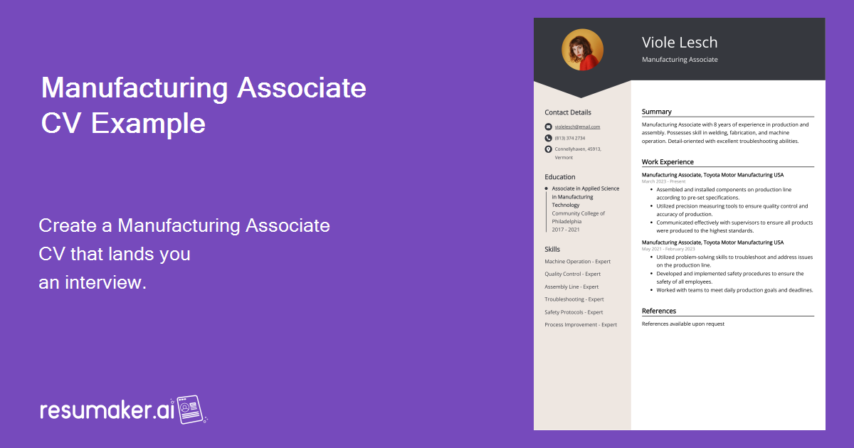 Manufacturing Associate CV: Job Description, Sample & Guide