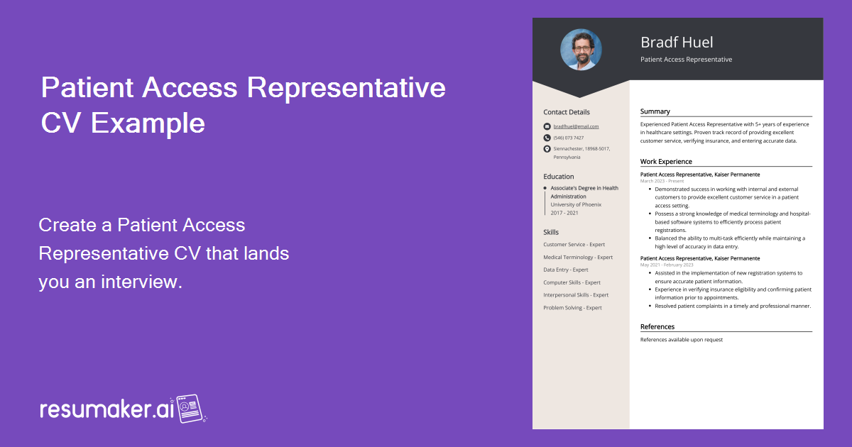 Patient Access Representative CV Examples (Template & 20+ Tips)
