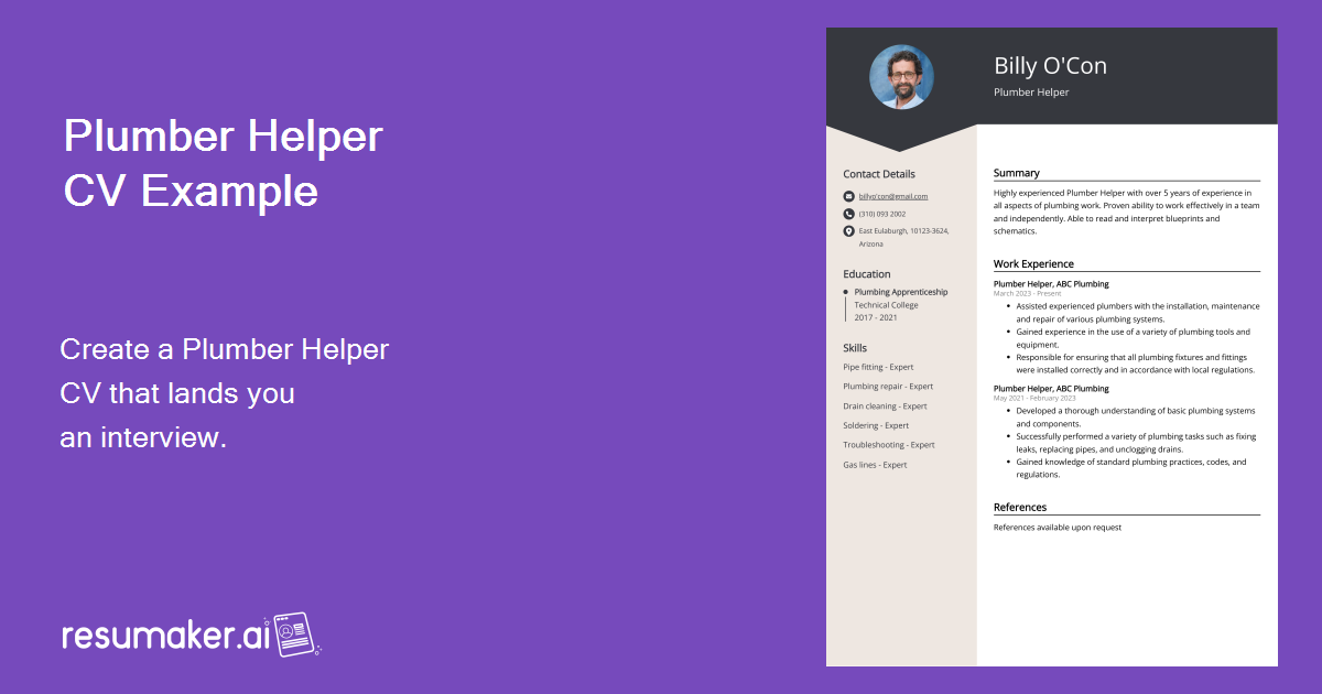 Plumber Helper CV Examples (Template & 20+ Tips) Plumber Helper CV Examples (Template & 20+ Tips)