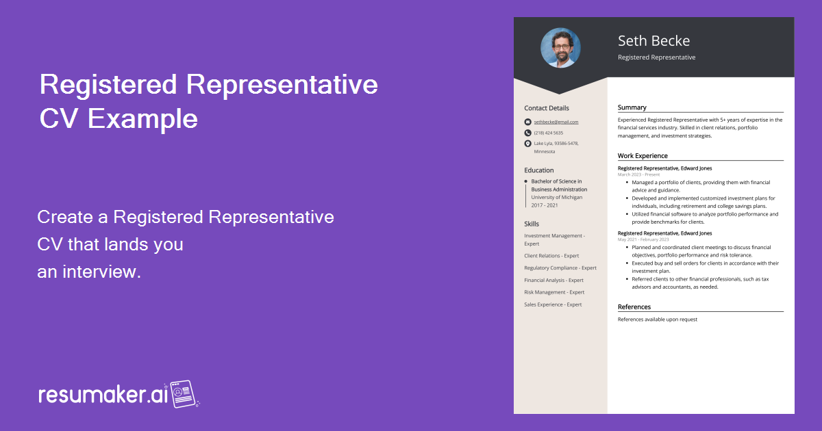 Registered Representative CV Examples (Template & 20+ Tips)