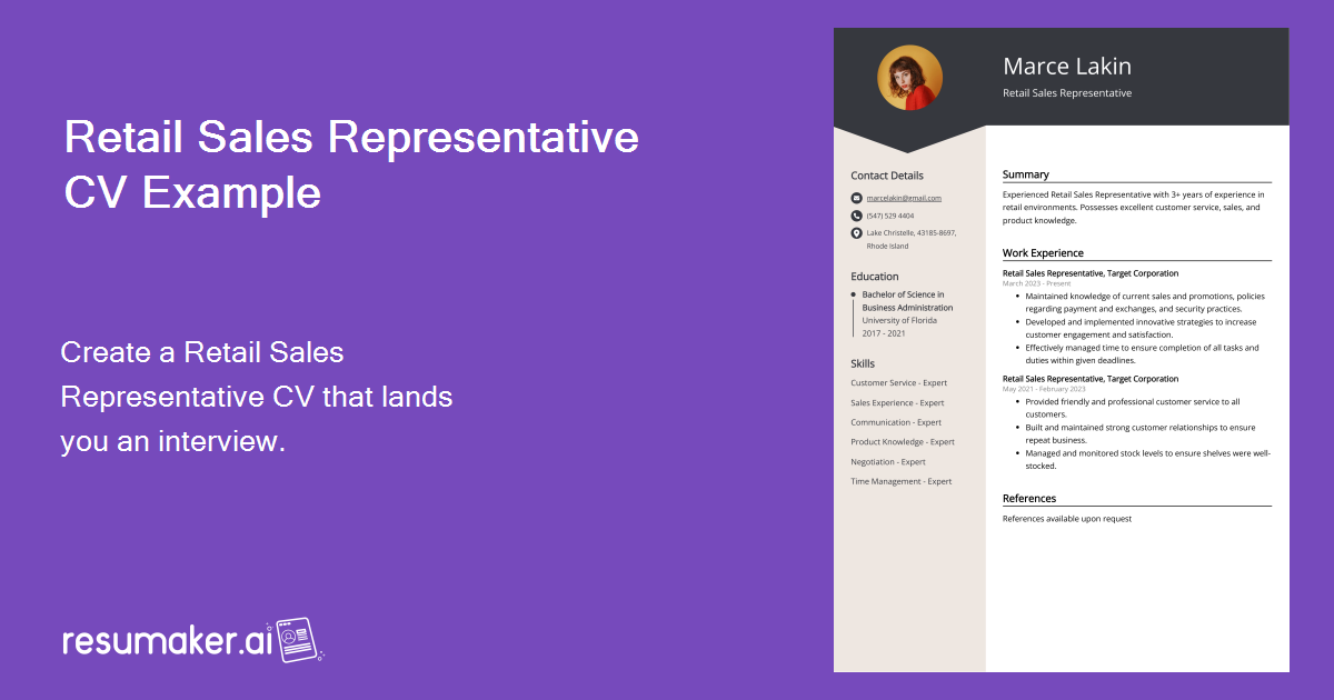 Retail Sales Representative CV Examples (Template & 20+ Tips) Retail Sales Representative CV Examples (Template & 20+ Tips)