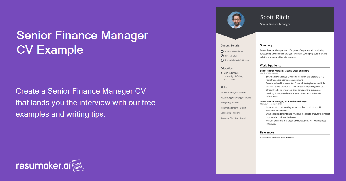 Senior Finance Manager CV Examples (Template & 20+ Tips) Senior Finance Manager CV Examples (Template & 20+ Tips)