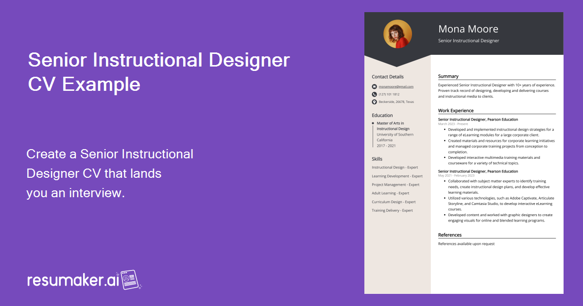 Senior Instructional Designer CV Examples (Template & 20+ Tips) Senior Instructional Designer CV Examples (Template & 20+ Tips)