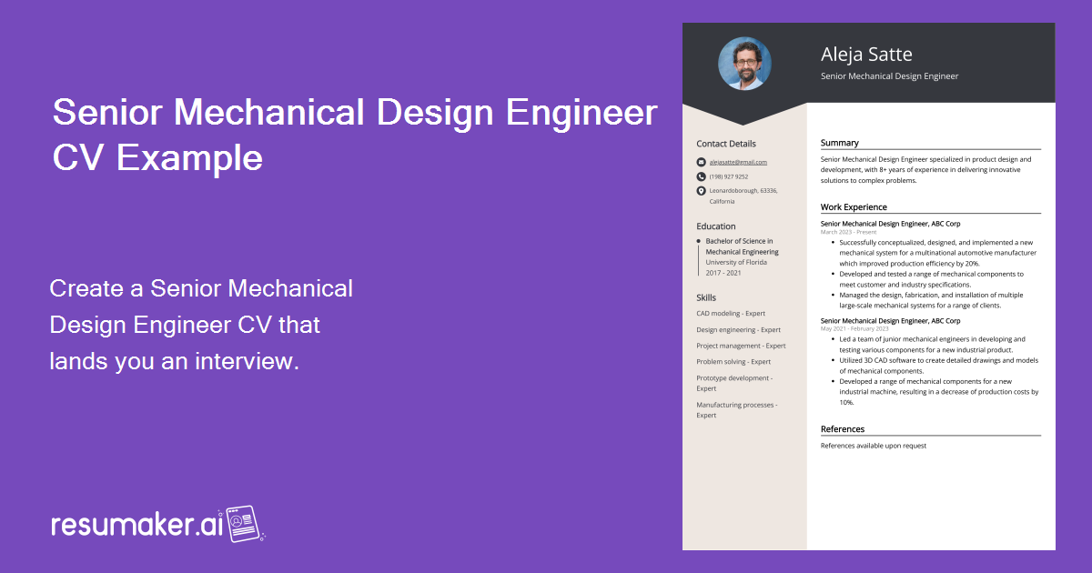 Senior Mechanical Design Engineer CV Examples (Template & 20+ Tips)