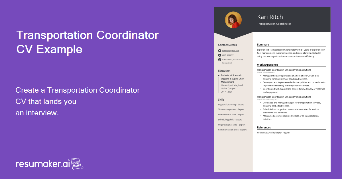 Transportation Coordinator CV Examples (Template & 20+ Tips)