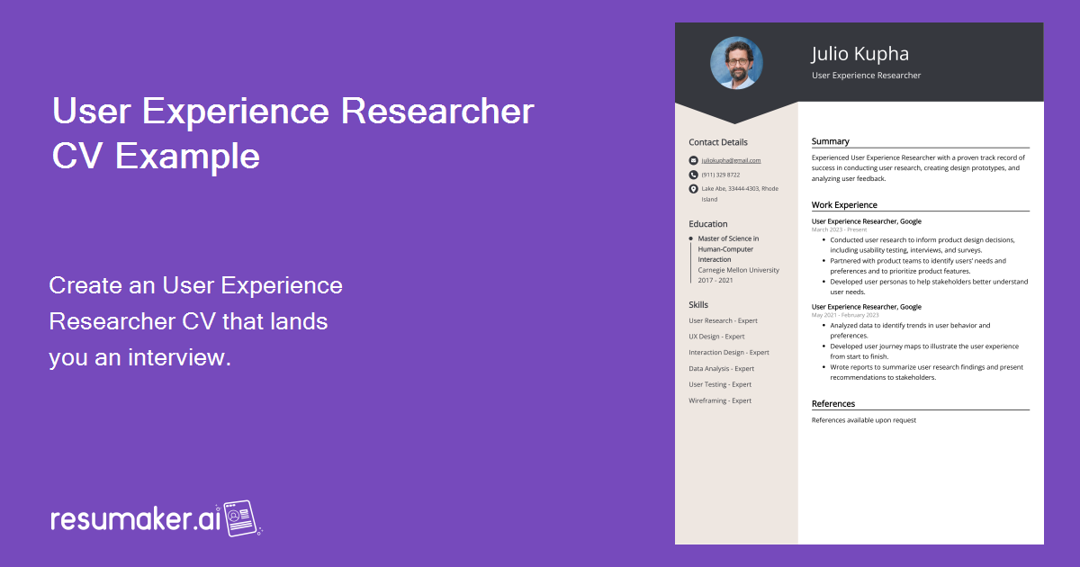 User Experience Researcher CV Examples & Guide