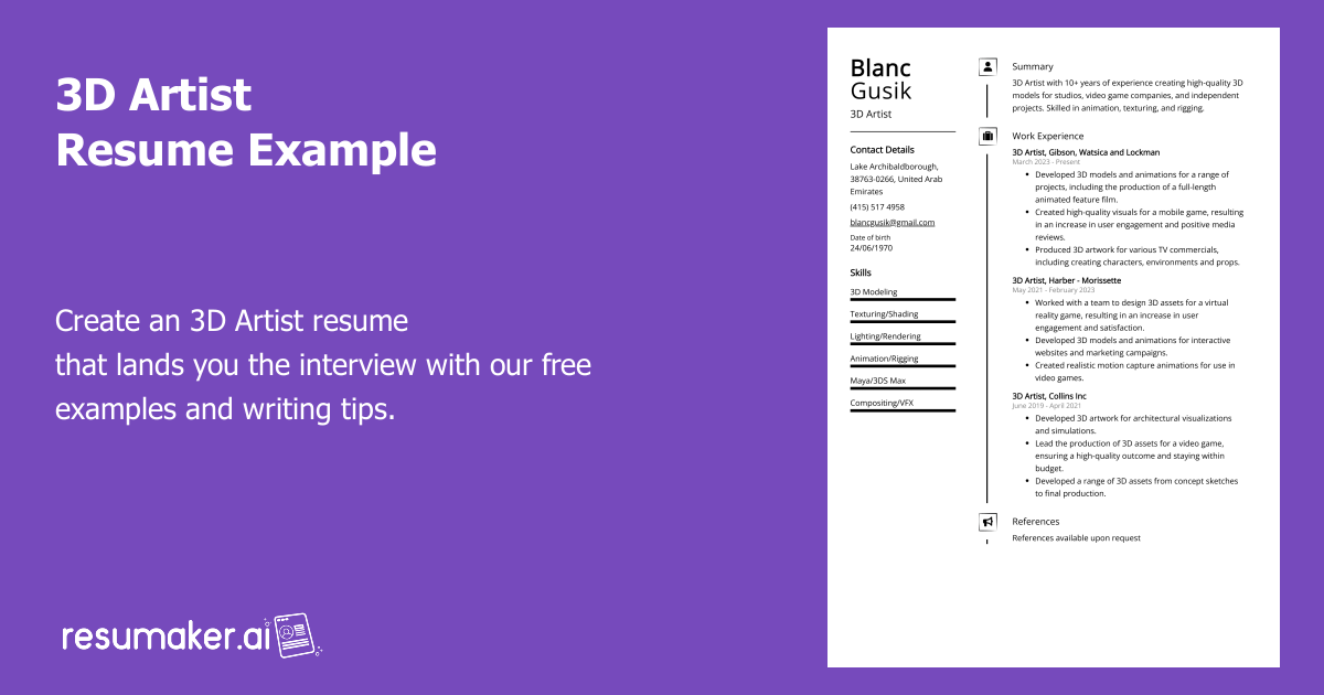 3D Artist Resume Example (Free Guide)