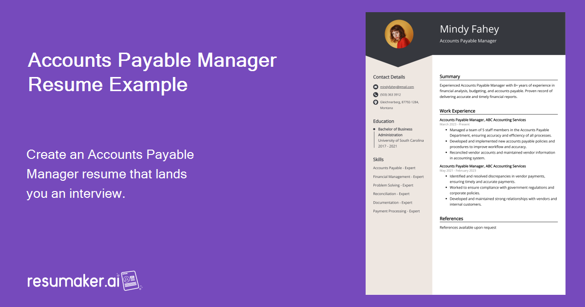 Accounts Payable Manager Resume Example for 2024 Accounts Payable Manager Resume Example for 2024