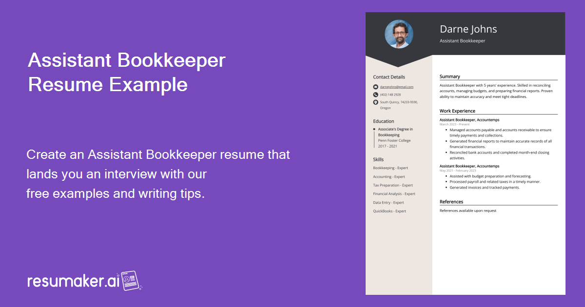 Assistant Bookkeeper Resume Example for 2025 (Skills & Templates)
