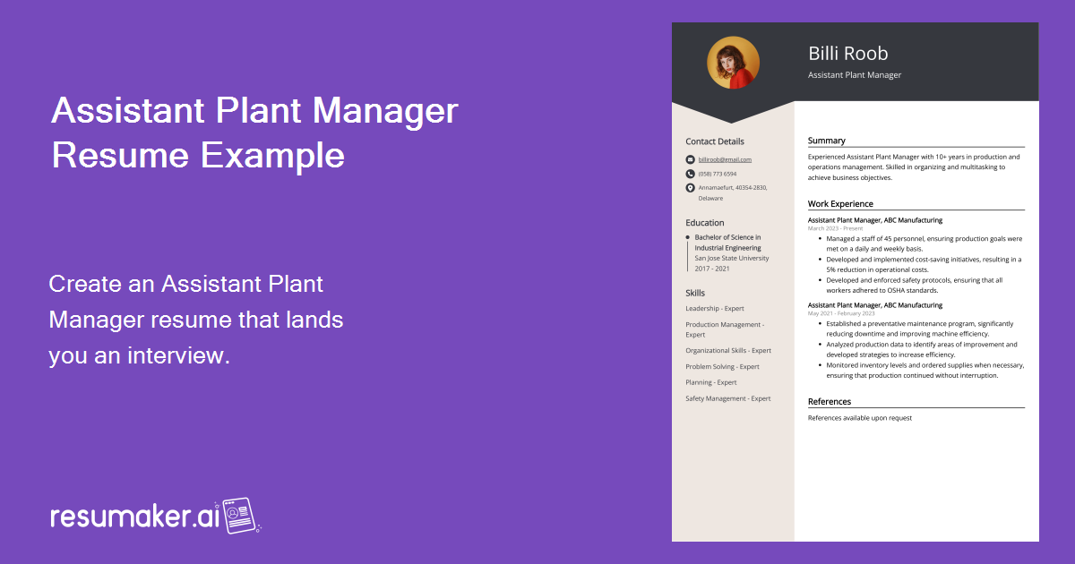 Assistant Plant Manager Resume Example for 2024