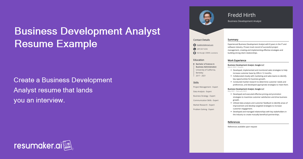 Business Development Analyst Resume Example for 2024