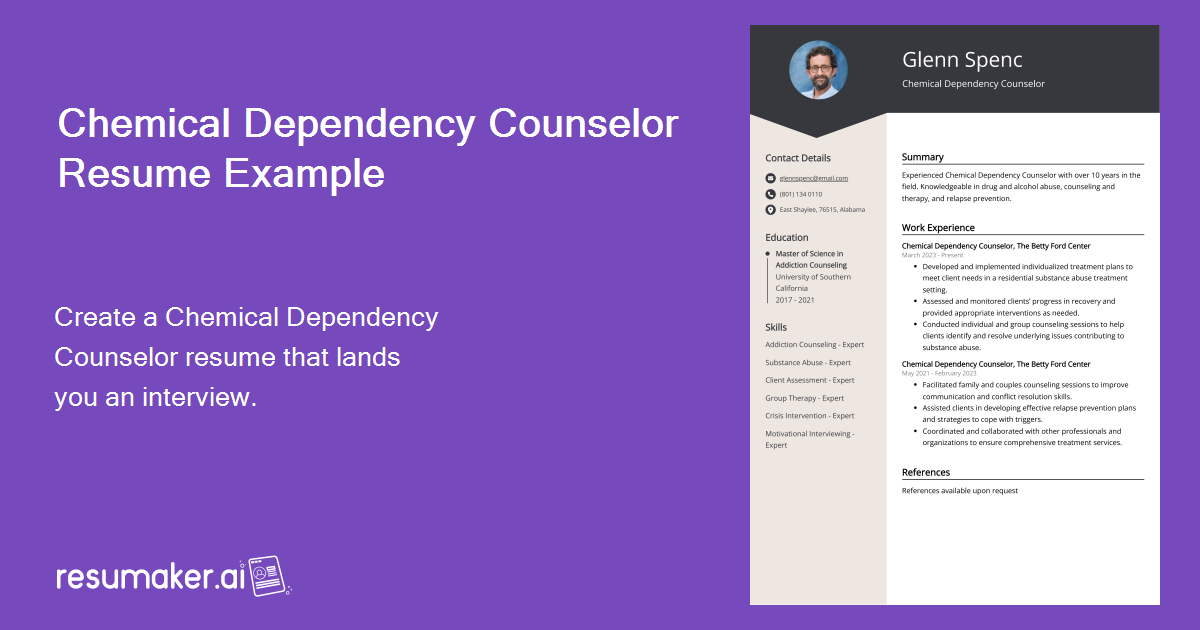 Chemical Dependency Counselor Resume Example for 2024
