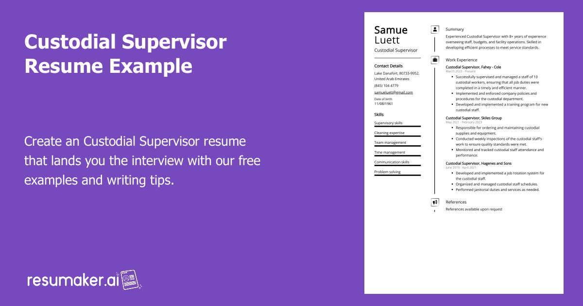 Custodial Supervisor Resume Example (Free Guide)