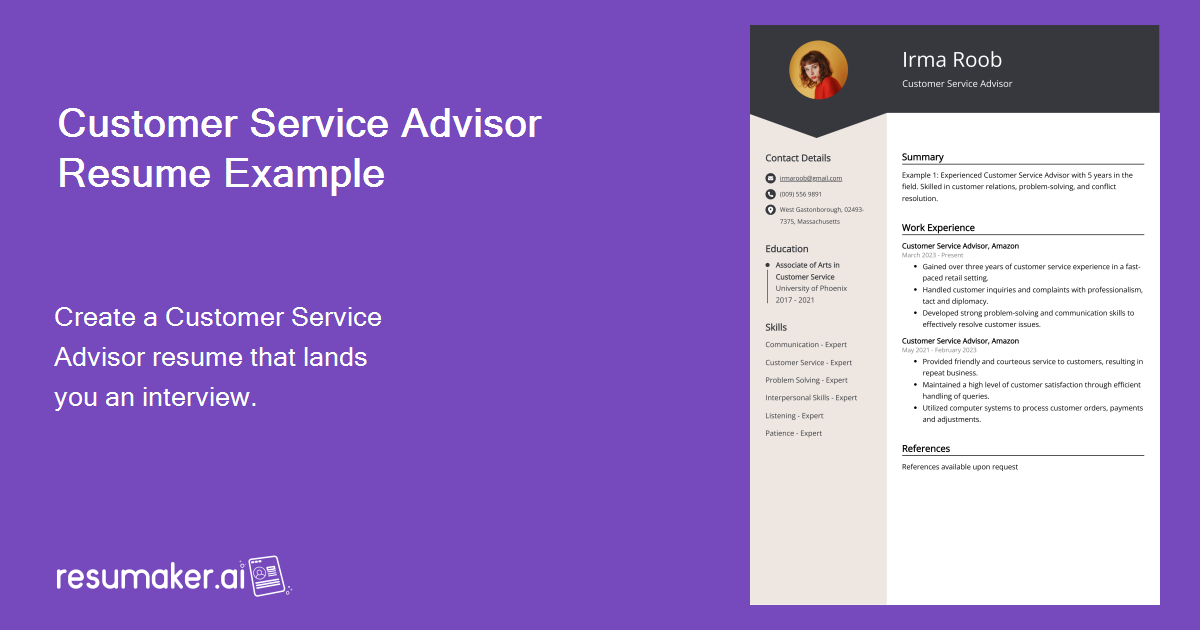 Customer Service Advisor Resume Example for 2024