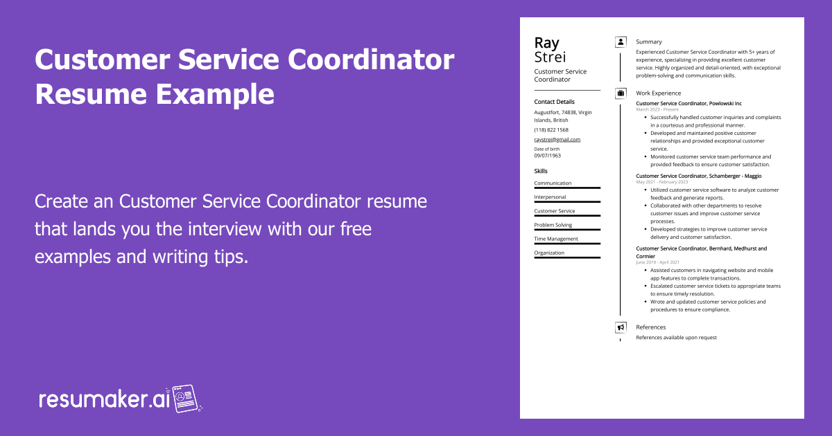 Customer Service Coordinator Resume Example (Free Guide)