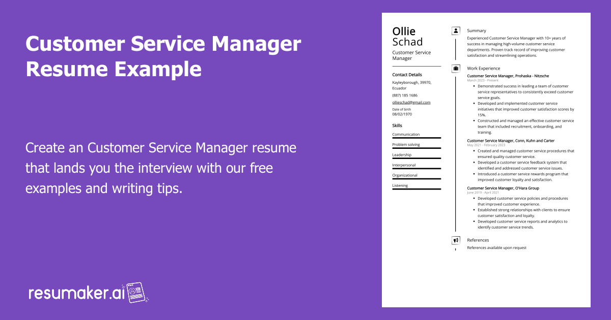 Customer Service Manager Resume Example (Free Guide)