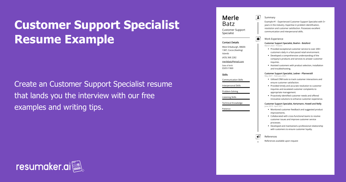 Customer Support Specialist Resume Example (Free Guide)