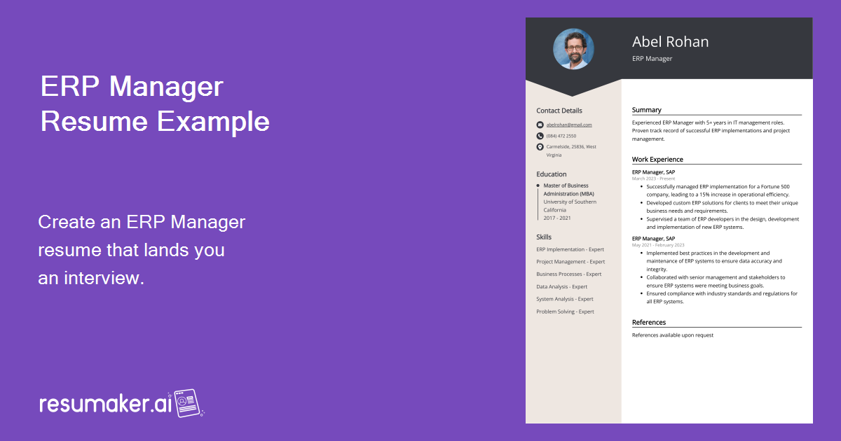ERP Manager Resume Example for 2024