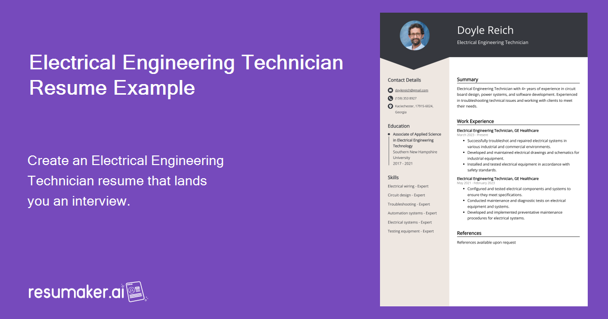 Electrical Engineering Technician Resume Example for 2024