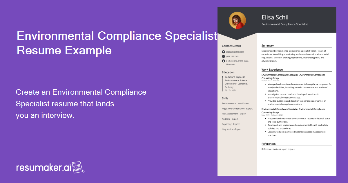Environmental Compliance Specialist Resume Example for 2024
