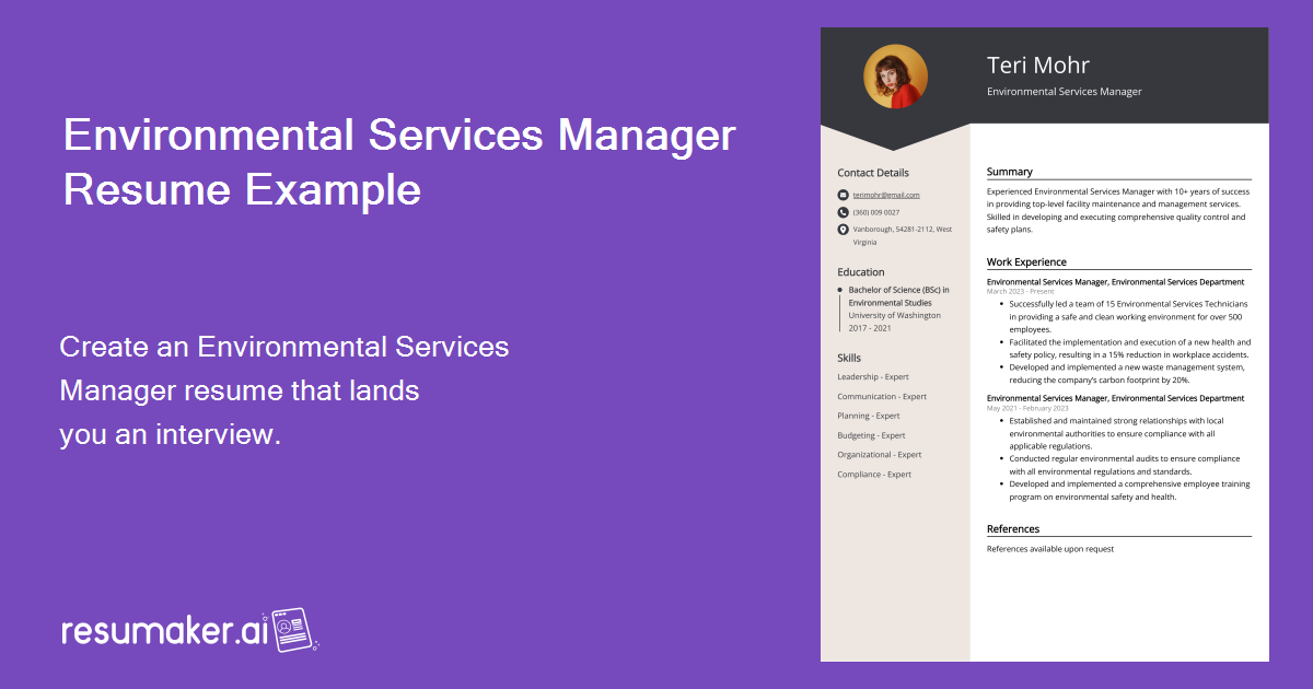 Environmental Services Manager Resume Example for 2025