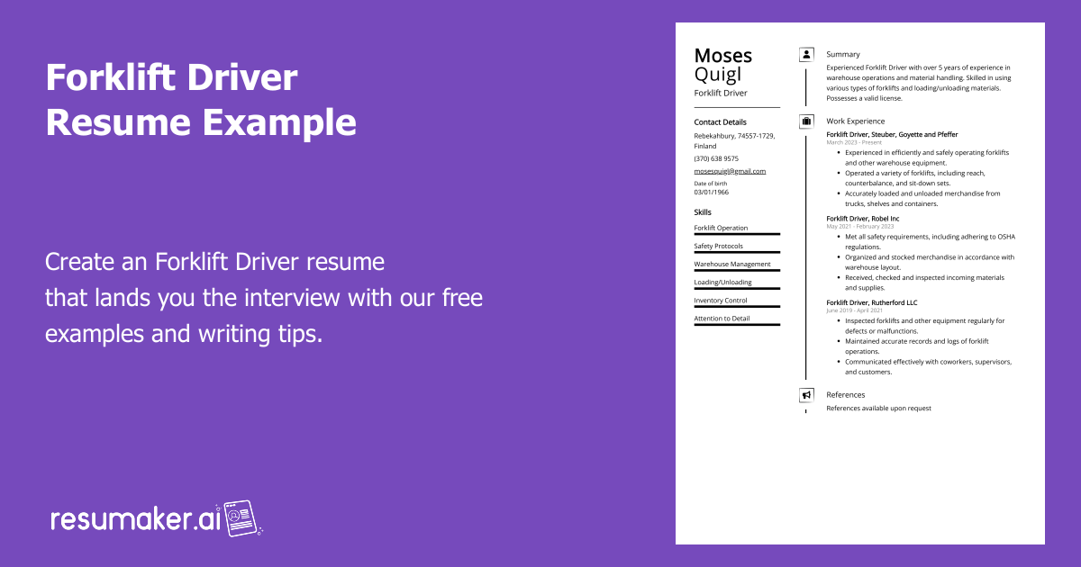 Forklift Driver Resume Forklift Operators Resume Samples | Velvet Jobs