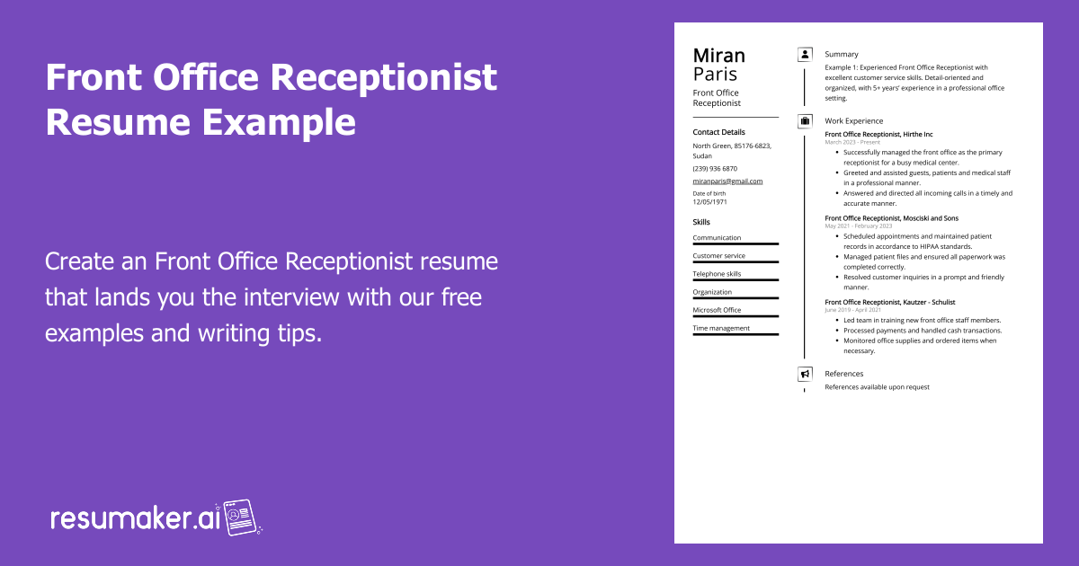 Front Office Resume Receptionist Resume Examples & Templates (2025)