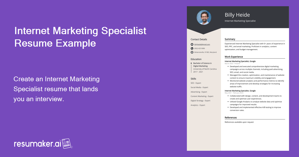 Internet Marketing Specialist Resume: Sample & Guide (Entry Level ...