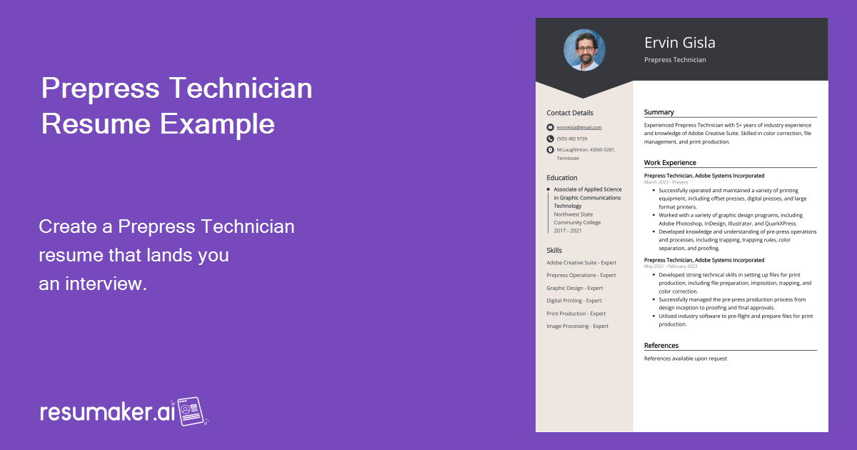 Prepress Technician Resume Examples (Template & 20+ Tips)
