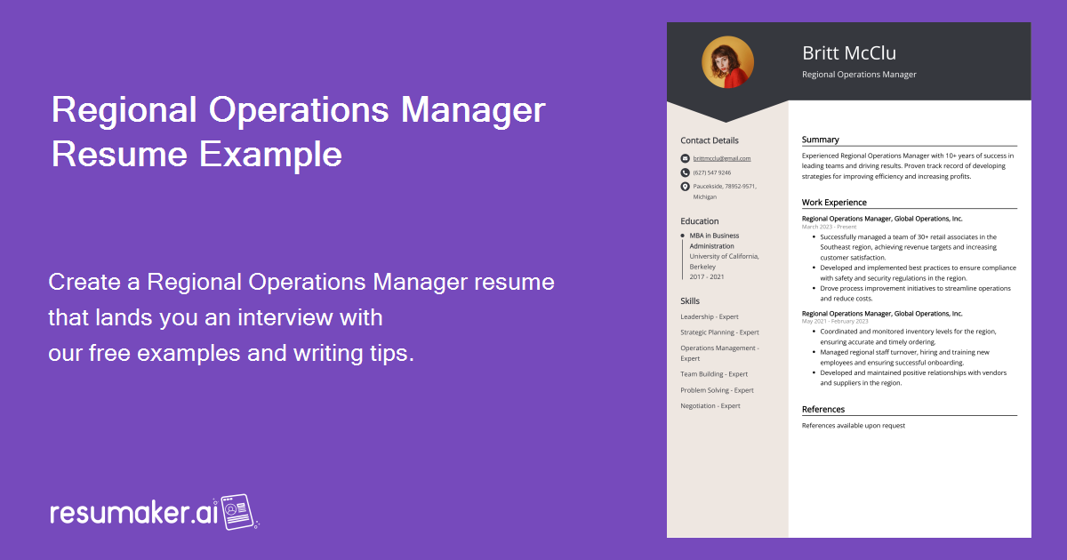 Regional Operations Manager Resume Examples (Template & 20+ Tips)
