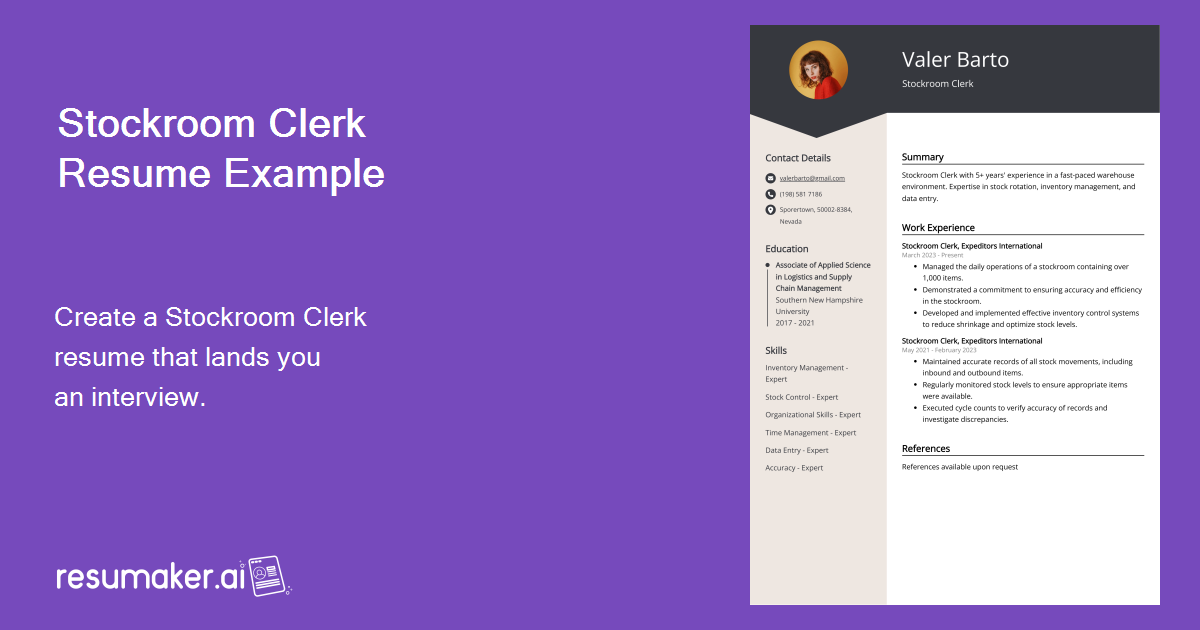 Stockroom Clerk Resume Examples (Template & 20+ Tips)