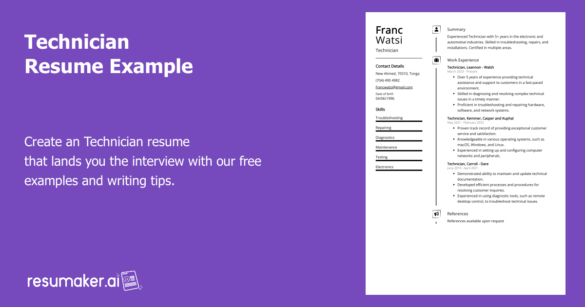 Technician Resume Example Free Guide