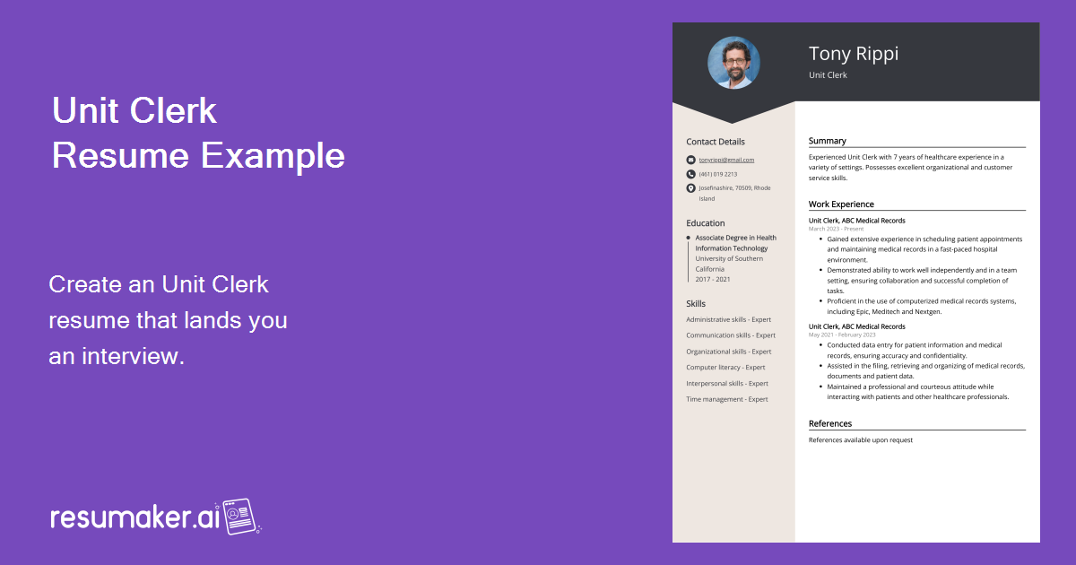 Unit Clerk Resume Examples & Guide